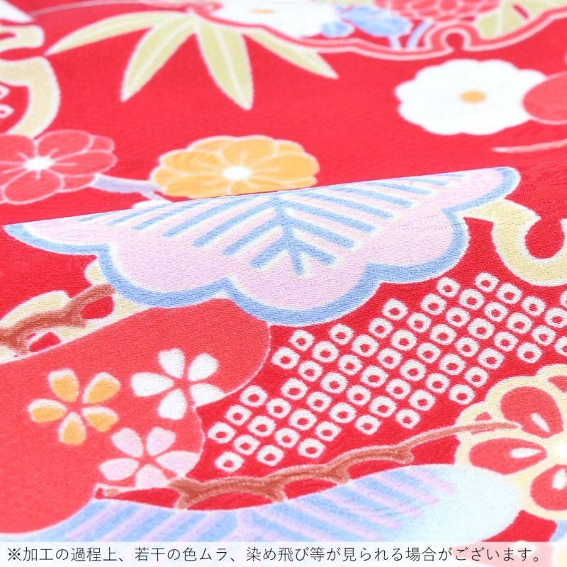 Prices down2】袷着物 単品 「赤 雪輪に松竹梅と菊」 フリーサイズ